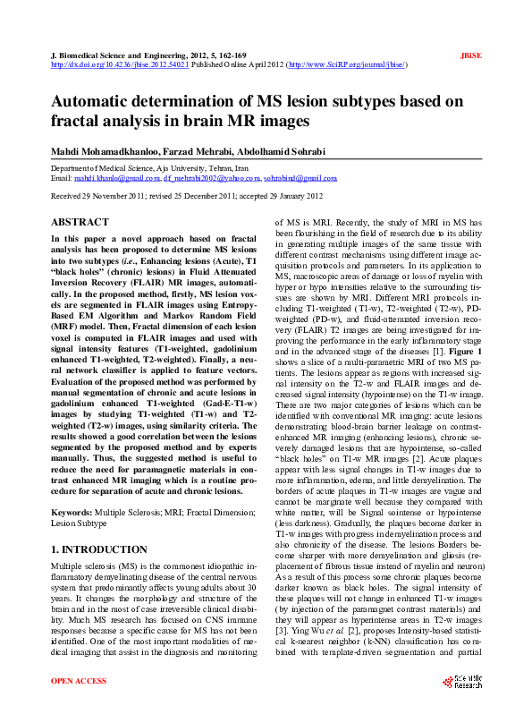 (PDF) Automatic determination of MS lesion subtypes based on fractal analysis in brain MR images