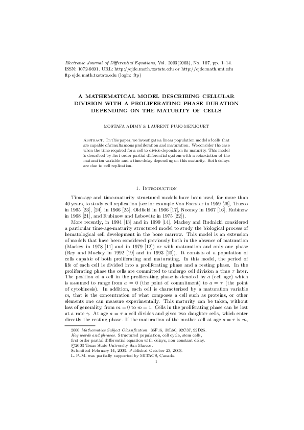 (PDF) A mathematical model describing cellular division with a ...
