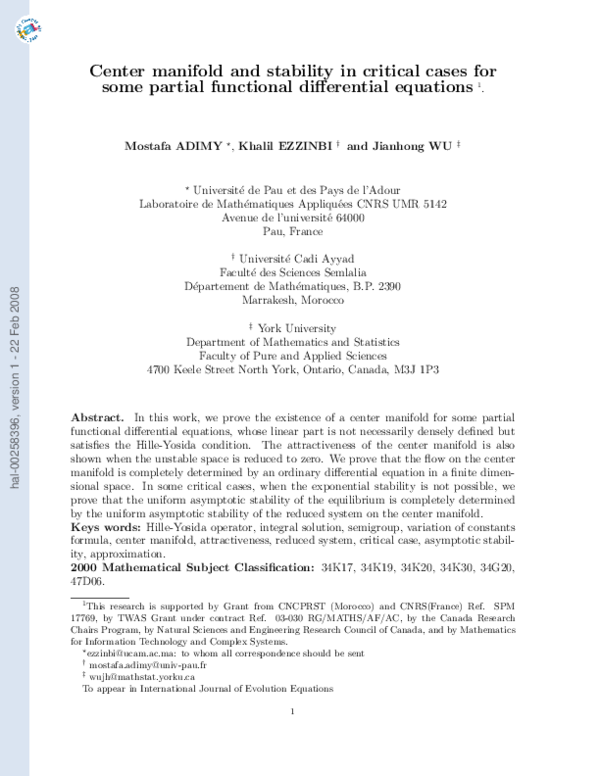 (PDF) Center manifold and stability in critical cases for some partial functional differential ...