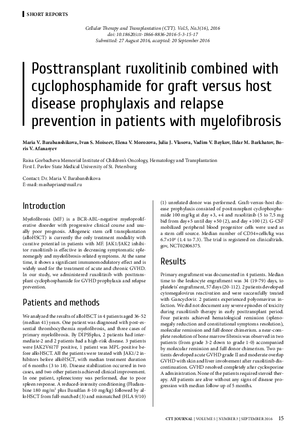 (PDF) Posttransplant ruxolitinib combined with cyclophosphamide for graft versus host disease ...