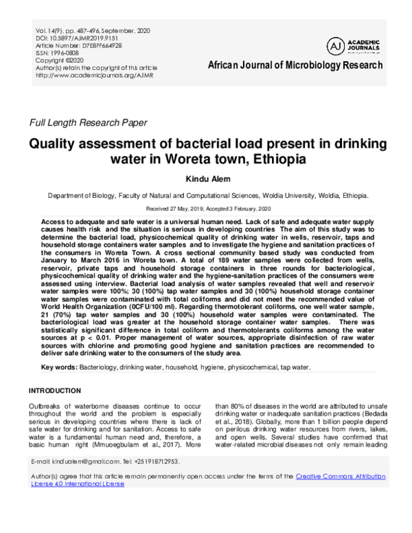 (PDF) Quality assessment of bacterial load present in drinking water in ...