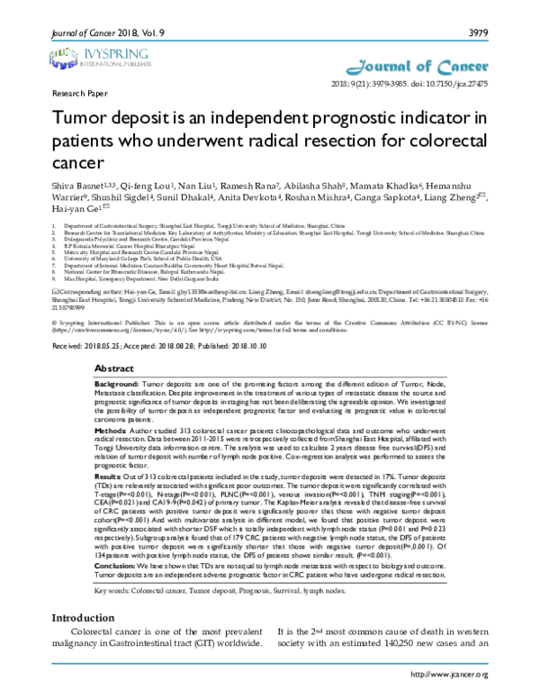 (PDF) Tumor deposit is an independent prognostic indicator in patients ...