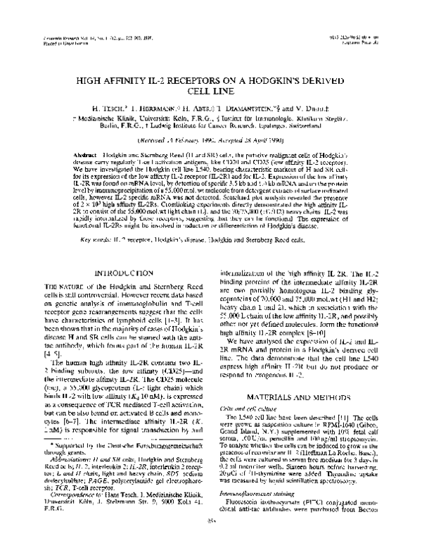 (PDF) High affinity IL-2 receptors on a Hodgkin's derived cell line