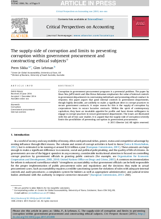 (PDF) The supply-side of corruption and limits to preventing corruption within government ...