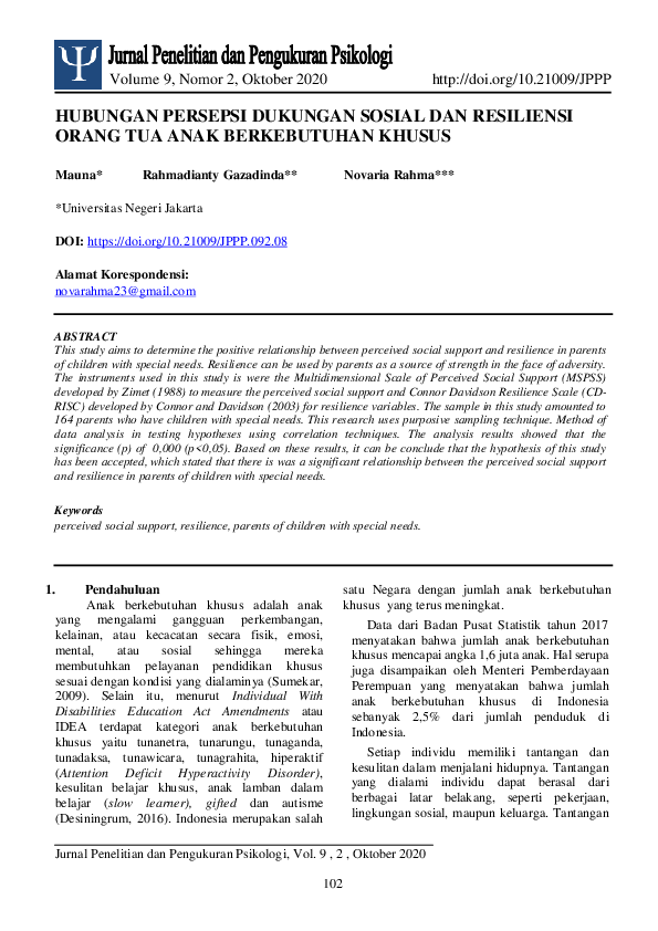 (PDF) Hubungan antara persepsi dukungan sosial dan resiliensi pada orang tua anak berkebutuhan ...