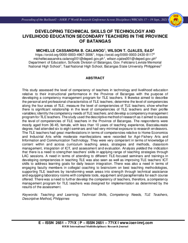 (PDF) DEVELOPING TECHNICAL SKILLS OF TECHNOLOGY AND LIVELIHOOD ...