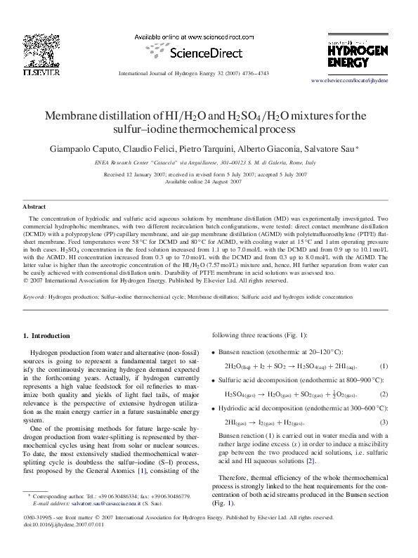 (PDF) Membrane distillation of HI/H2OHI/H2O and H2SO4/H2OH2SO4/H2O ...