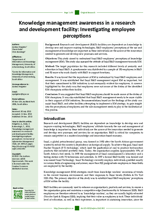 (PDF) Knowledge management awareness in a research and development ...