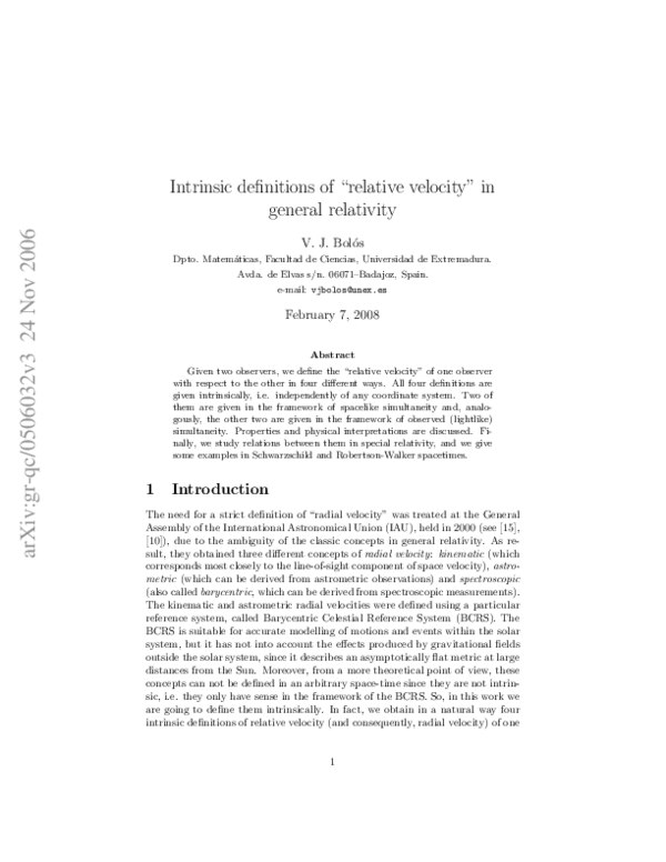(PDF) Intrinsic Definitions of “Relative Velocity” in General Relativity