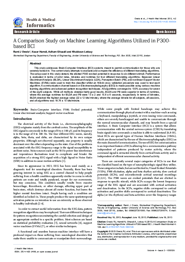 (PDF) A Comparison Study on Machine Learning Algorithms Utilized in P300- based BCI