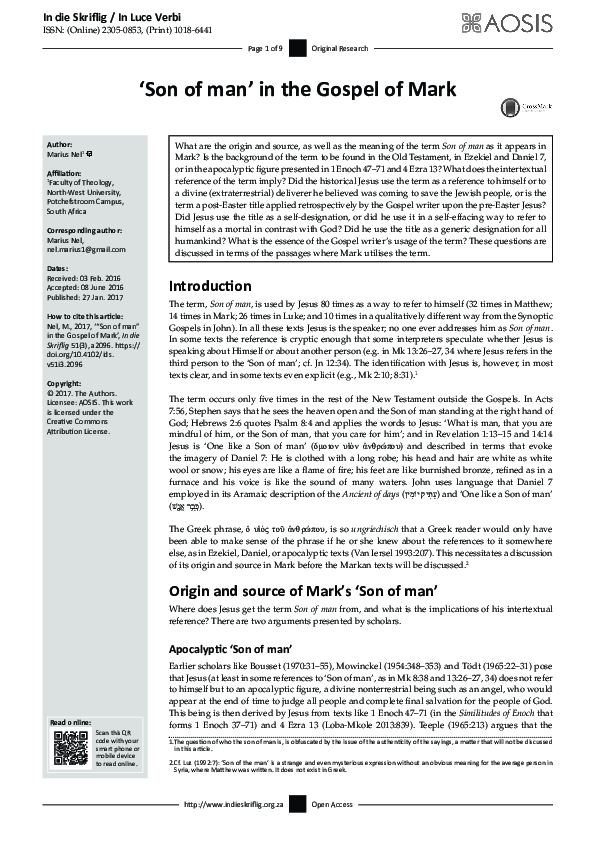 (PDF) ‘Son of man’ in the Gospel of Mark