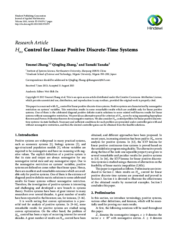 Pdf Control For Linear Positive Discrete Time Systems