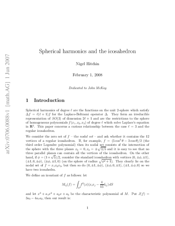 (PDF) Spherical harmonics and the icosahedron