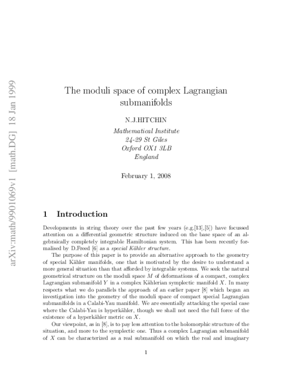 (PDF) The moduli space of complex Lagrangian submanifolds
