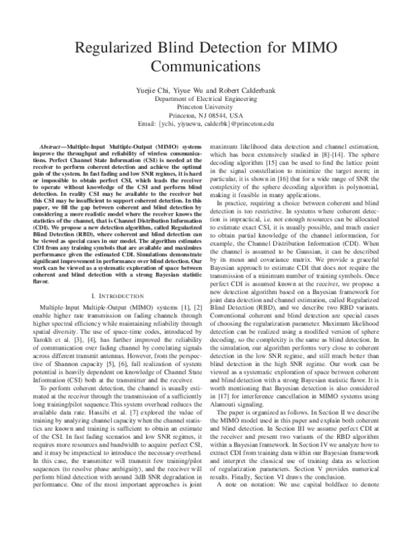 Pdf Regularized Blind Detection For Mimo Communications