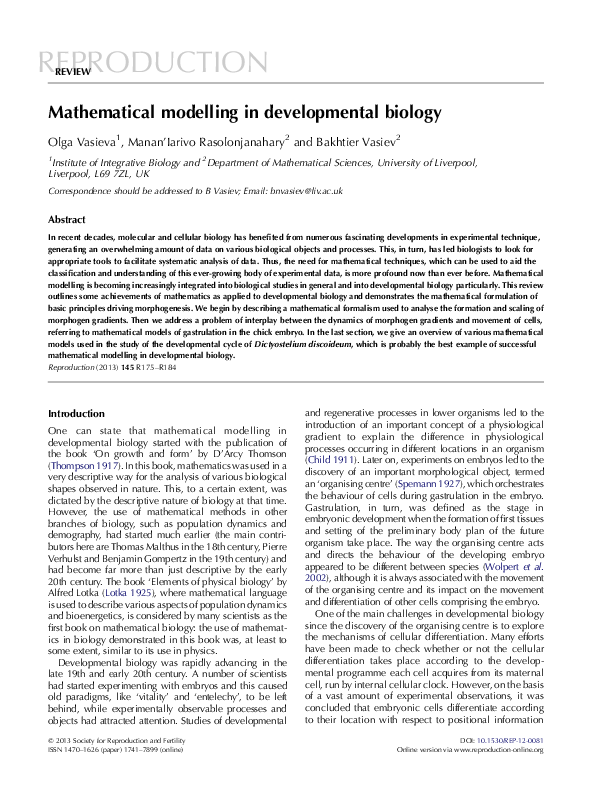 (PDF) Mathematical modelling in developmental biology