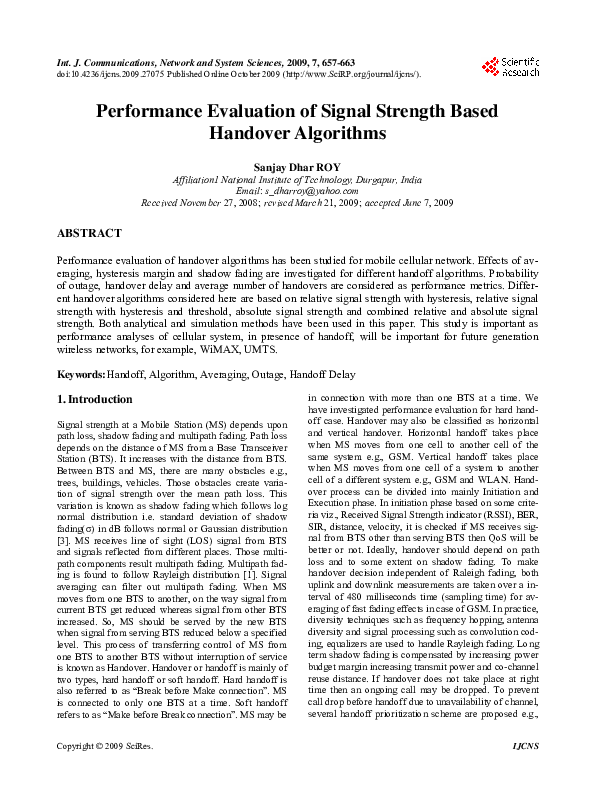 (PDF) Performance Evaluation of Signal Strength Based Handover Algorithms