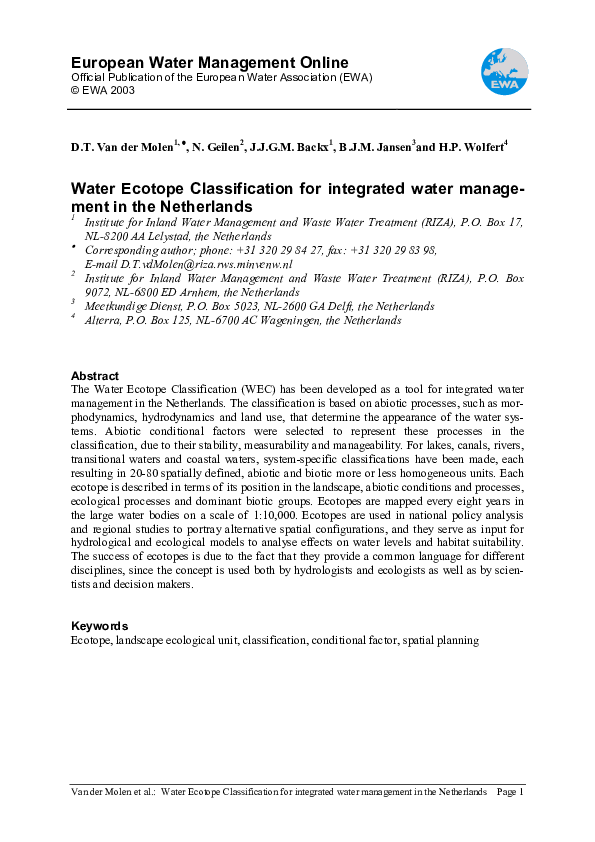 (PDF) Water Ecotope Classification for integrated water manage ment in ...