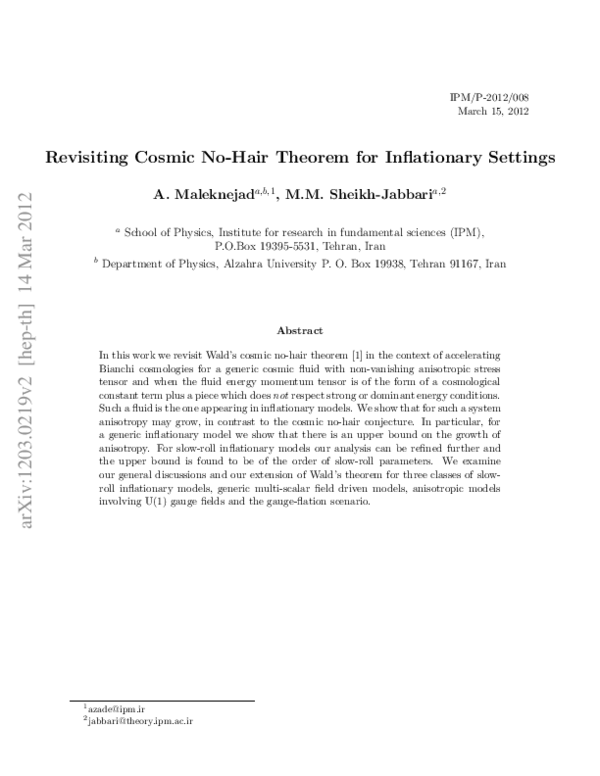 (PDF) Revisiting cosmic no-hair theorem for inflationary settings (PDF) Revisiting cosmic no-hair theorem for inflationary settings