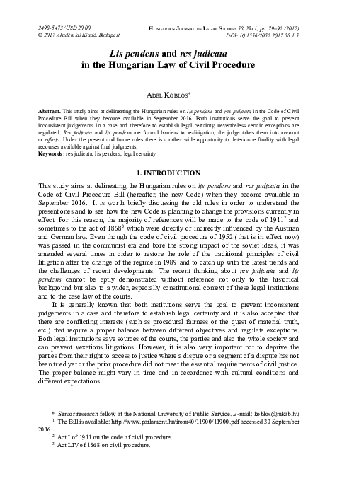 (PDF) Lis pendens and res judicata in the Hungarian Law of Civil Procedure