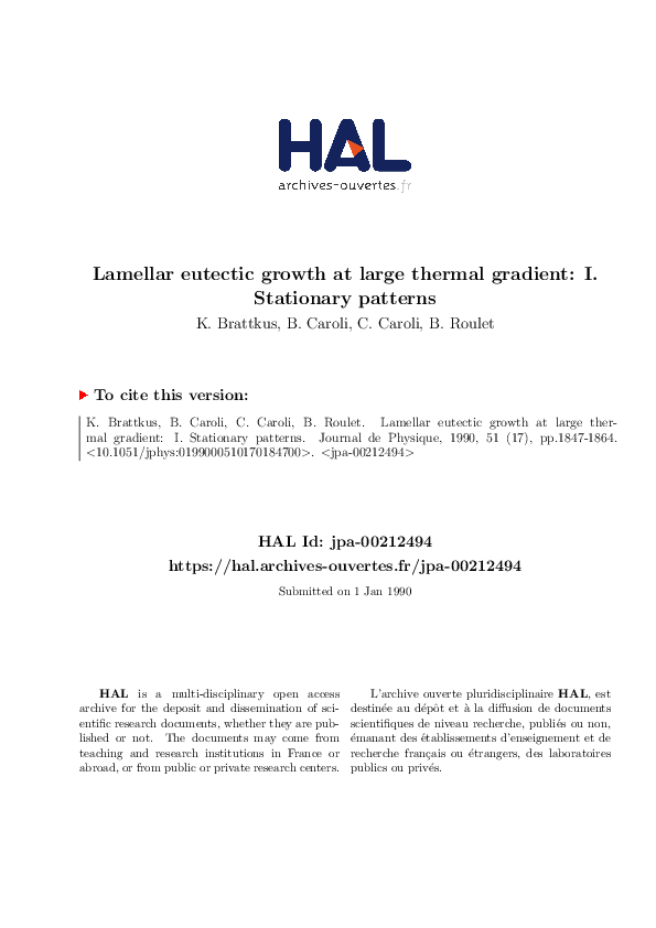 (PDF) Lamellar eutectic growth at large thermal gradient: I. Stationary ...