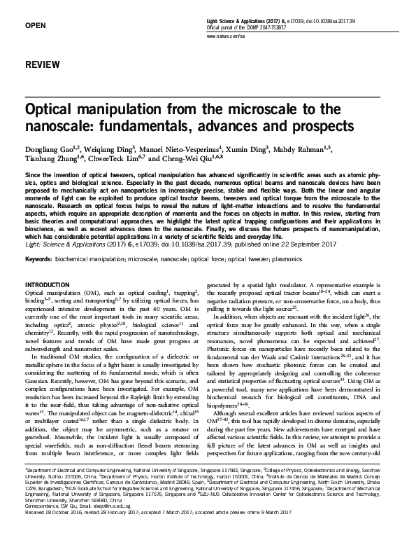 (PDF) Optical manipulation from the microscale to the nanoscale: fundamentals, advances and ...