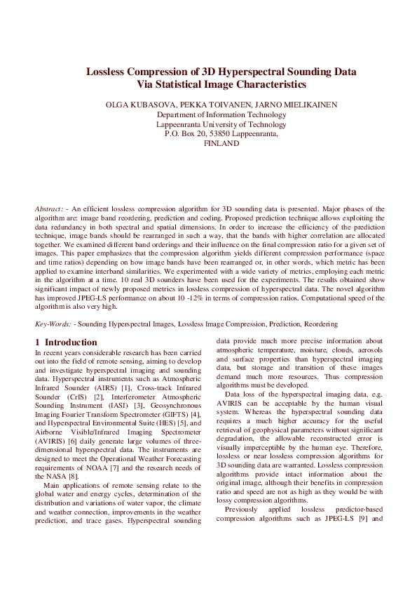 (PDF) Lossless compression of 3D hyperspectral sounding data via statistical image characteristics