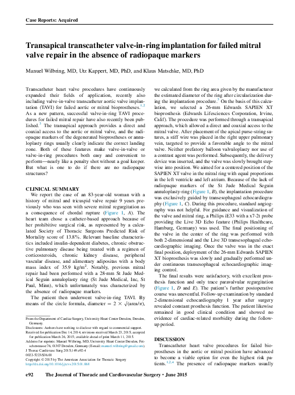 (PDF) Transapical transcatheter valve-in-ring implantation for failed mitral valve repair in the ...