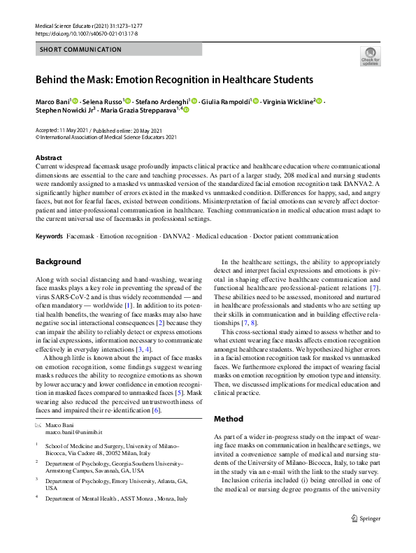 (PDF) Behind the Mask: Emotion Recognition in Healthcare Students