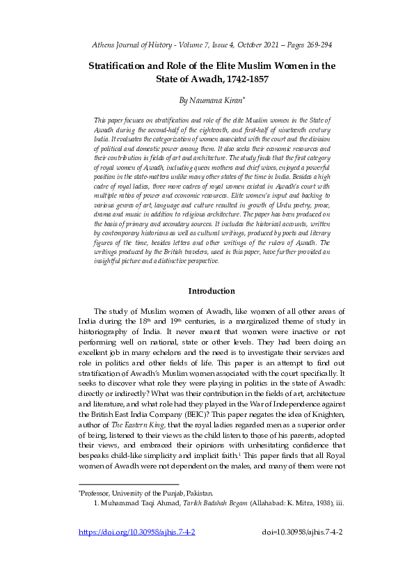 (PDF) Stratification and Role of the Elite Muslim Women in the State of ...
