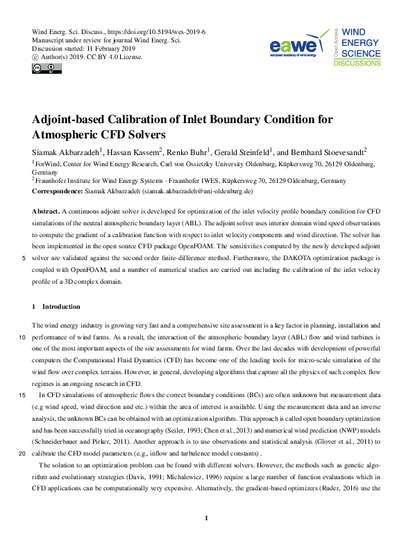 (PDF) Adjoint-based Calibration of Inlet Boundary Condition for Atmospheric CFD Solvers