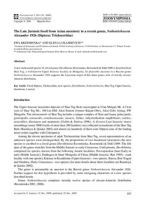 (PDF) The Late Jurassic fossil from Asian ancestory to a recent genus ...