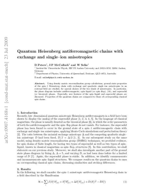 (PDF) Quantum Heisenberg antiferromagnetic chains with exchange and single-ion anisotropies