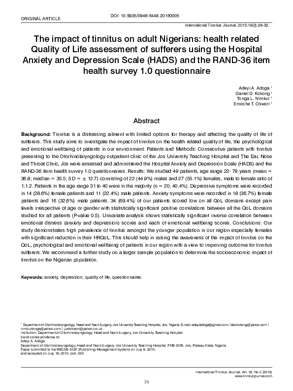 (PDF) The impact of tinnitus on adult Nigerians: health related Quality ...
