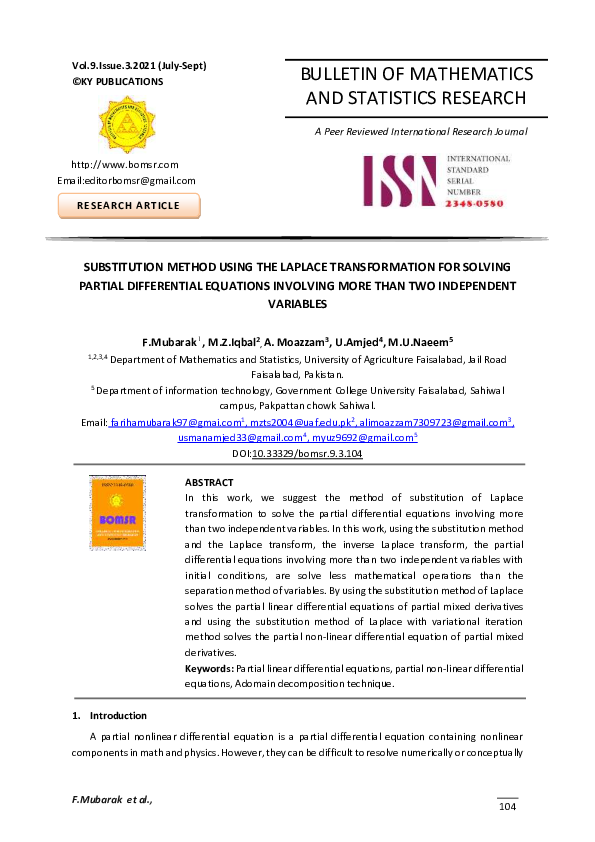 (PDF) SUBSTITUTION METHOD USING THE LAPLACE TRANSFORMATION FOR SOLVING ...