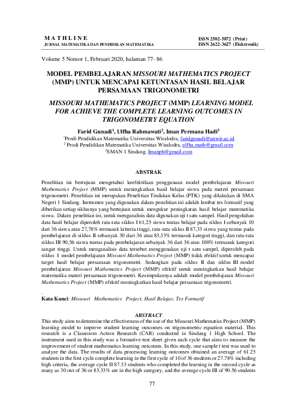 (PDF) Efektivitas Model Pembelajaran Missouri Mathematics Project (MMP ...