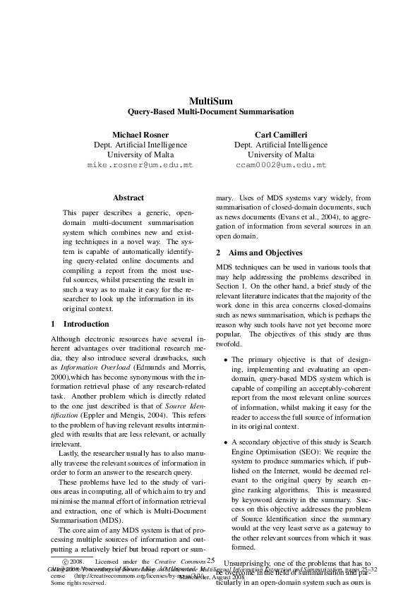 Pdf Multisum Query Based Multi Document Summarisation Mike Rosner