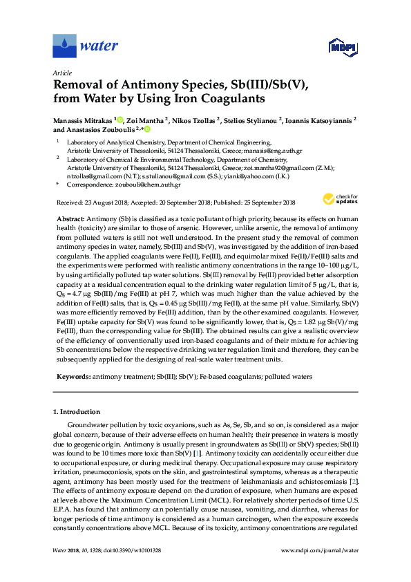(PDF) Removal of Antimony Species, Sb(III)/Sb(V), from Water by Using ...