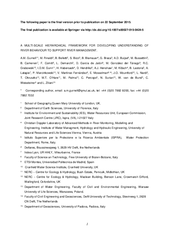 Pdf A Multi Scale Hierarchical Framework For Developing Understanding Of River Behaviour To