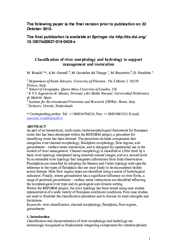 (PDF) Classification of river morphology and hydrology to support ...