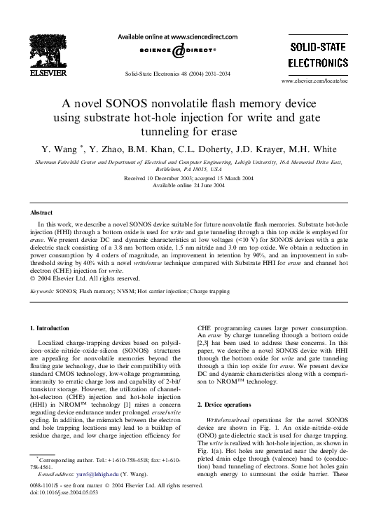 (PDF) A novel SONOS nonvolatile flash memory device using substrate hot-hole injection for write ...