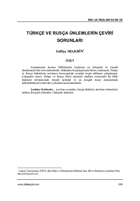 (PDF) Turkce Ve Rusca Unlemlerin Ceviri Sorunlari