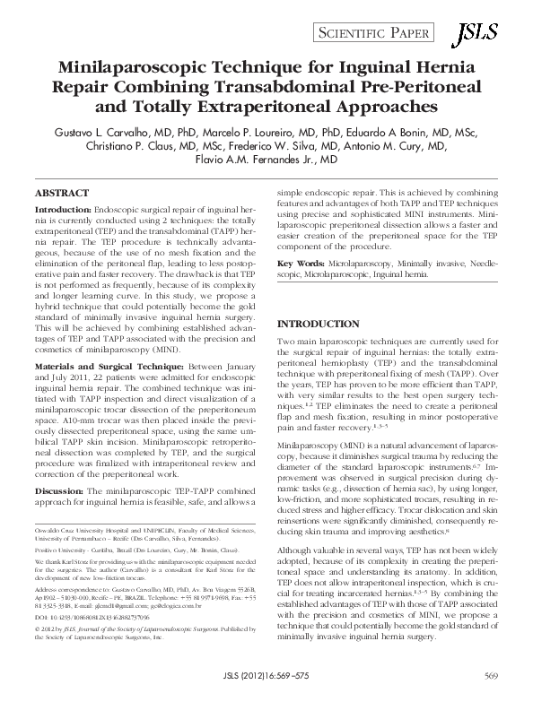 (PDF) Minilaparoscopic Technique for Inguinal Hernia Repair Combining Transabdominal Pre ...
