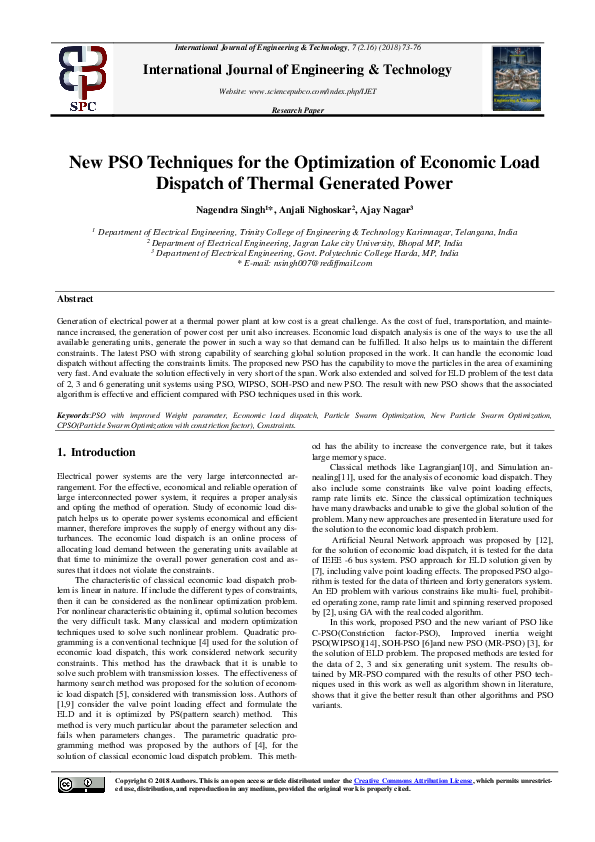 (PDF) New PSO Techniques for the Optimization of Economic Load Dispatch of Thermal Generated Power