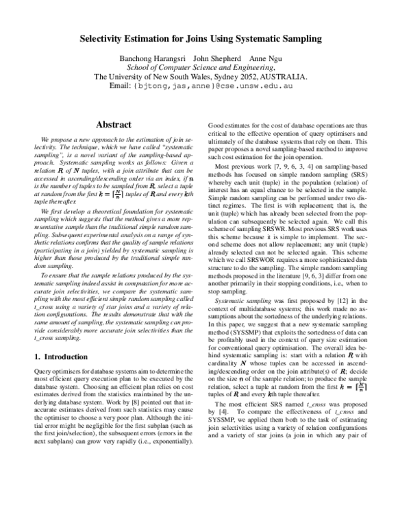 Pdf Selectivity Estimation For Joins Using Systematic Sampling