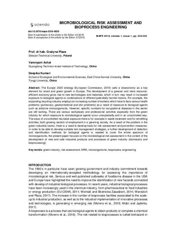 (PDF) Microbiological Risk Assessment and Bioprocess Engineering
