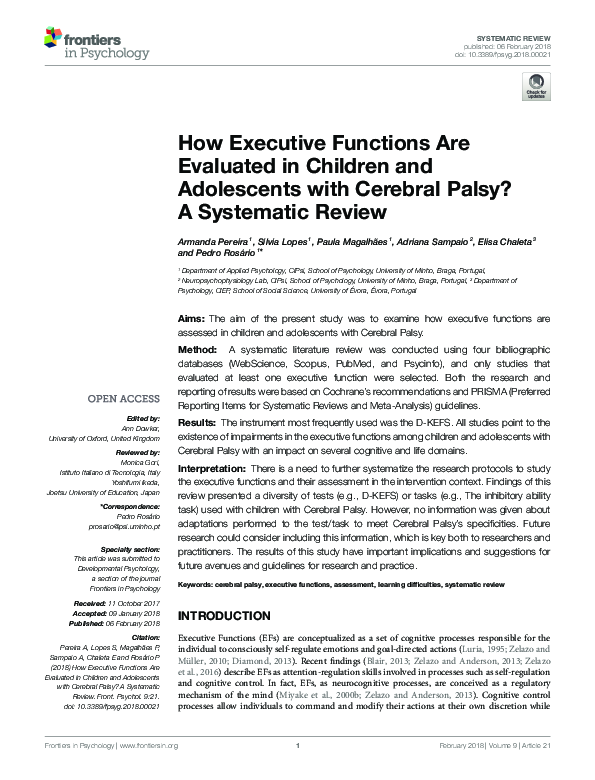(PDF) How Executive Functions Are Evaluated in Children and Adolescents with Cerebral Palsy? A ...