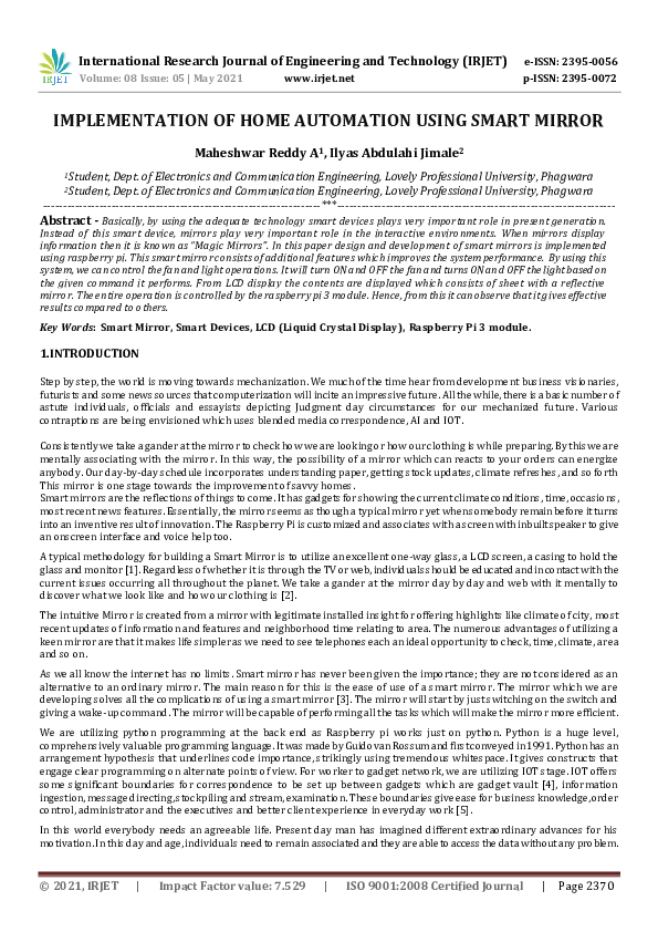 (PDF) IRJET- IMPLEMENTATION OF HOME AUTOMATION USING SMART MIRROR