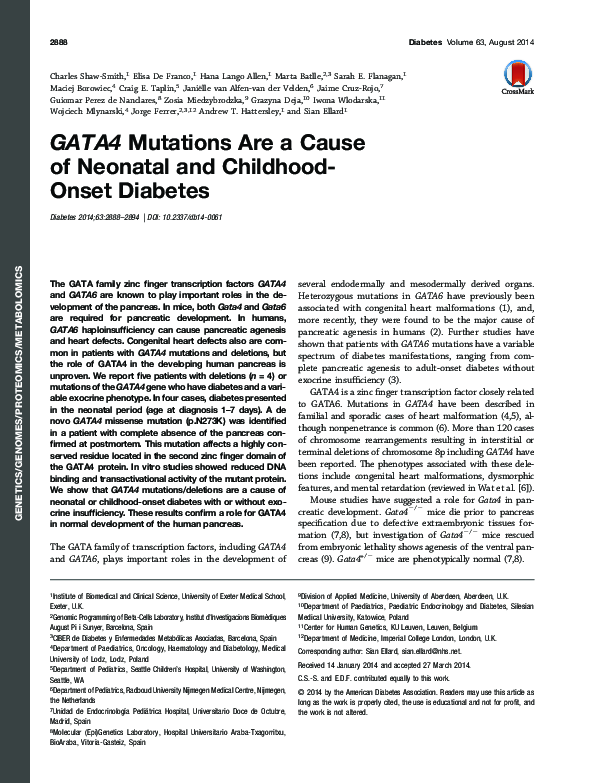 (PDF) GATA4 mutations are a cause of neonatal and childhood-onset diabetes