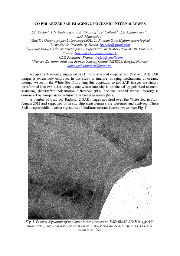 (PDF) Co-Polarized Sar Imaging of Oceanic Internal Waves